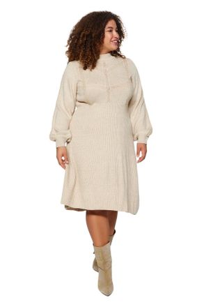 Trendyol Damen Plus Size Dress-Beige-A-line Kleid, Wei&szlig;, 5XL Gr&ouml;&szlig;en