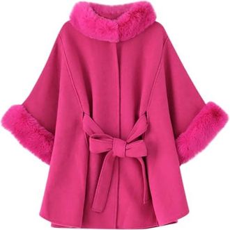 Generic Poncho avec bordure en fausse fourrure pour femme avec ceinture - Ch&acirc;le ample surdimensionn&eacute; - V&ecirc;tement dext&eacute;rieur &agrave; manches mi-longues, rose vif, Tai