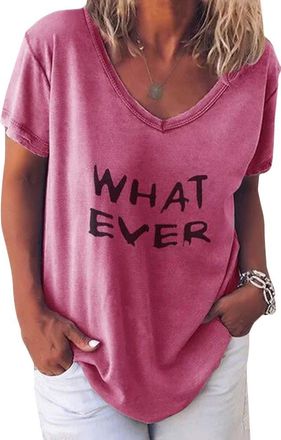 Minetom Damen Sommer Kurzarm Blusen T-Shirt V-Ausschnitte Loose Oversize Shirt Einfarbig Casual Brief Bedruckt Asymmetrisch Oberteile Top C Rosa DE 42