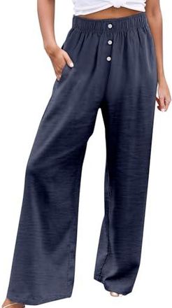 Generic Pantalon en coton et lin pour femme - Jambe large - Pantalon de plage d&eacute;t&eacute; pour femme - Confortable - Pantalon de yoga Palazzo XIYU26038, bleu, 4XL