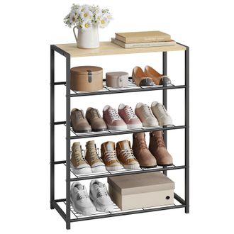 Woltu Schuhregal mit 4 Ebenen, Schuhst&auml;nder Metall, Schuhaufbewahrung platzsparend, Schuhorganizer f&uuml;r 12 Paar, Flur Wohnzimmer, 63x83x30 cm, schwarz