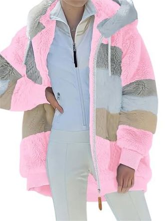 Generic Manteau rembourr&eacute; en laine dagneau contrast&eacute;e avec poche zipp&eacute;e, veste sherpa &agrave; manches longues en fausse polaire pour femme, rose, 3XL