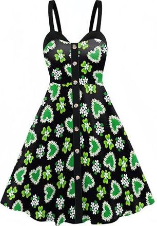 Ocean Plus Femmes Halloween Robe dété Jupe Squelette Araignée Robe avec Bretelles Gilet Robe St. Patricks Day Klee Impression Numérique (S (EU 34-36), Trèfle à Q