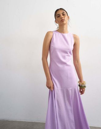 Topshop Robe mi-longue en lin majoritaire &agrave; taille basse et ourlet &eacute;vas&eacute; - Lilas-Violet
