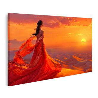 Islandburner Prime Bild auf Leinwand Frau im roten Kleid beim Sonnenuntergang in der W&uuml;ste f&uuml;r Wohnzimmer Kunstliebhaber Galerie Bilder Wandbilder Poster