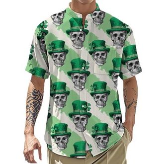 Generic Chemise de la Saint-Patrick pour homme | Col &agrave; bande Cr&acirc;ne Tr&egrave;fle &agrave; manches courtes Chemise boutonn&eacute;e V&ecirc;tements tendance | Pour les voyages, Herbe et 