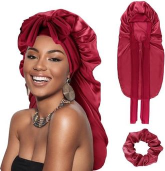 Dreshow Bonnet Long en Satin Tressé pour Femme - Bonnet de Sommeil en Soie avec Bande Élastique pour Cheveux Longs et Bouclés, Locs
