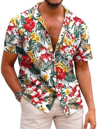 Coofandy Funky Chemise Hawaienne Homme Imprim&eacute; Plage Casual Vacances Party Shirt avec Poche Chemise Homme &Eacute;t&eacute; D&eacute;contract&eacute;es Coupe R&eacute;guli&egrave;re A-Blanc L