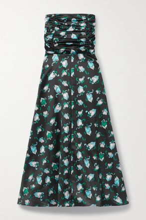 HVN Karla Tr&auml;gerloses Midikleid Aus Bedrucktem Satin Mit Raffungen - Schwarz