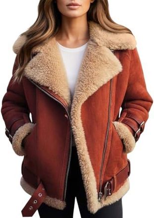 Minetom Blouson Aviateur Femme Hiver Veste En Polaire Chaude Manteau en Fausse Fourrure Blouson pour Motard A Rouge XXL