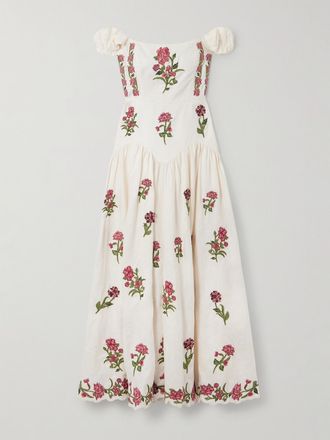 Agua Bendita Siembra Schulterfreies Maxikleid Aus Bedrucktem Leinen Mit Stickereien Und Applikationen - Creme