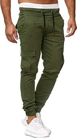 Generic Pantalon cargo élastique pour homme, coupe ajustée, pantalon de travail décontracté, sport, jogging, pantalon de survêtement solide, pantalon cargo po