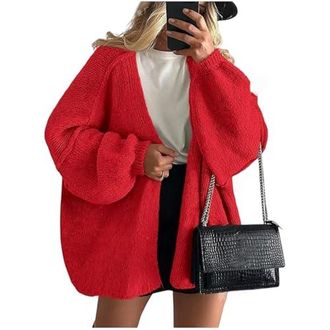 Generic Cardigan surdimensionn&eacute; en tricot &eacute;pais ouvert sur le devant pour femmes, pull l&eacute;ger &agrave; manches longues dautomne 2025 ouvert sur le devant, rouge fonc&eacute;