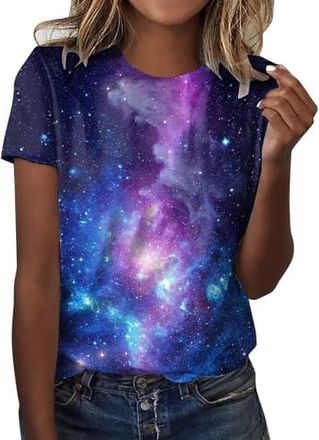Generic Hauts d&eacute;t&eacute; galaxie &agrave; manches courtes tendance pour la course &agrave; pied T-shirts d&eacute;contract&eacute;s 2025 graphique ample mignon ciel &eacute;toil&eacute; imprim&eacute; tendance 202