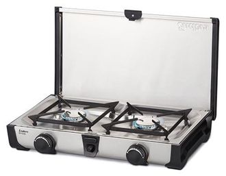 Enders Ryda 2Z, Gaskocher mit Z&uuml;ndsicherung, 2-flammig, Edelstahlbrenner 2x2,3 kW, klein und kompakt, inkl. Gasschlauch und Windschutz 1862, Silber/Schwarz