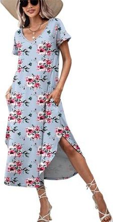 ADOME Chemise de nuit à manches courtes pour femme - Longue chemise de nuit dété - Col en V - Doux - Robe de maison - Grandes tailles avec poches, Fleur ble