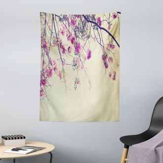 Abakuhaus Natur Wandteppich und Tagesdecke, Sakura Cherry Blooms, aus Weiches Mikrofaser Stoff Schmutz abweichender Digitaldruck, 110 x 150 cm, Creme Fuchsia Br