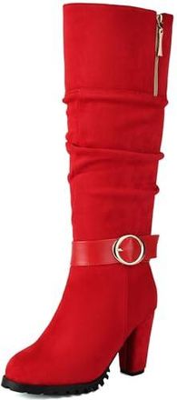 SJJH Bottes montantes au genou - Manchette pliable - Bottes pour femme pour le quotidien et la soci&eacute;t&eacute; - Talon 8,5 cm - Plateforme 1 cm - Polyvalentes, rou