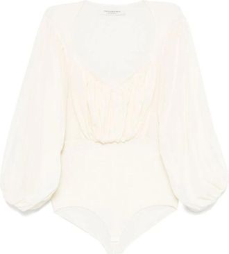 Philosophy di Lorenzo Serafini Femme, Tops, Beige, Taille: 38 FR Body Justaucorps en Tulle Stretch Fronc&eacute;