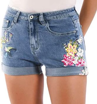 Generic Short en jean pour femme avec broderie - Short en jean élégant - Pantalon court déchiré - Bermuda - Pantalon court dété pour femme - Stretch - Taille 