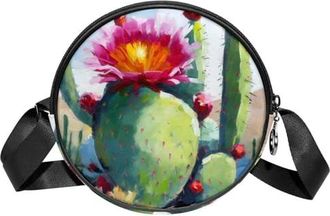 Generic Petit sac &agrave; bandouli&egrave;re rond pour femme, motif fleurs de cactus avec fermeture &eacute;clair, bretelles r&eacute;glables, sac &agrave; main rond d&eacute;contract&eacute; pour femmes et