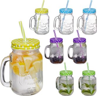 Relaxdays Trinkgl&auml;ser mit Deckel und Strohhalm, 8er Set Limonadengl&auml;ser, 400 ml, Retro Sommergl&auml;ser mit Henkel, bunt, 19 x 11 x 8 cm