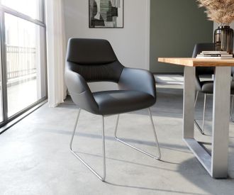 DELIFE Esszimmerstuhl Yago-Flex mit Armlehnen Echt-Leder Schwarz Kufengestell Edelstahl Taschenfederkern, Esszimmerst&uuml;hle