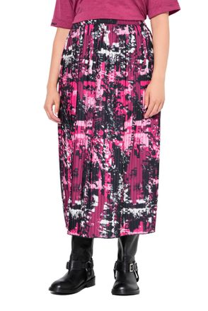 Ulla Popken Damen große Größen Übergrößen Plus Size Plissee-Midirock, Patchdruck, A-Linie, Elastikbund schwarz 58+ 834955100-58+