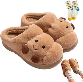 Generic Croissant Pantoufles croissant pelucheuses de dessin animé pour homme et femme, chaudes, confortables, antidérapantes pour intérieur (marron, 41 à 43,