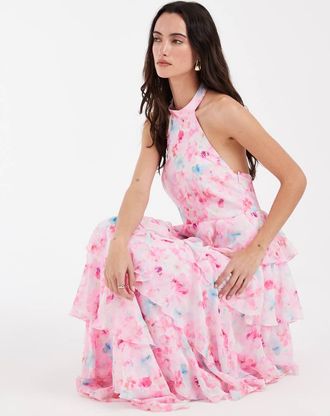 Vero Moda Felicia - Robe longue &eacute;tag&eacute;e &agrave; fleurs avec encolure am&eacute;ricaine - Rose et bleu