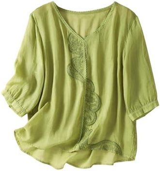 Generic Hauts en coton et lin pour femme - Col en V - Manches courtes - Couleur unie - Léger - Tendance - Extensible - Flottant - Pour lété - Pour les vacance