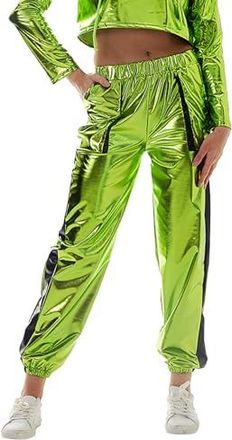 Generic Pantalon argenté métallisé pour femme, pantalon scintillant, pantalon décontracté à taille élastique, pantalon à la cheville, pantalon tendance scinti