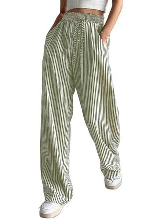 Generic Pantalon d&eacute;contract&eacute; &agrave; rayures pour femme avec cordon de serrage et poches, Vert, XXL