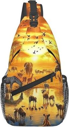 Generic Sac &agrave; dos &agrave; bandouli&egrave;re pour homme - Motif &eacute;l&eacute;phant et coucher de soleil - Pour la randonn&eacute;e