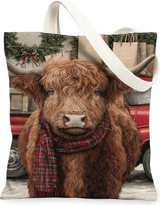 Generic Sacs fourre-tout en toile de vache de No&euml;l, motif animal de la ferme, sacs r&eacute;utilisables, vintage, l&eacute;gers, lavables en toile pour voyage Pi, marron, 1