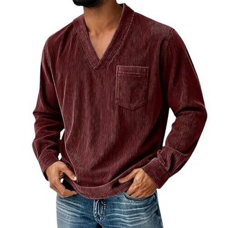 Generic Chemise &agrave; manches longues en velours c&ocirc;tel&eacute; pour homme - Col en V - Coupe ample - Style d&eacute;contract&eacute; et tendance, rouge vin, XXL