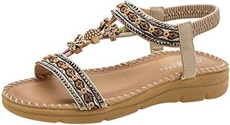 Generic Sandales compens&eacute;es pour femme - Bout ouvert - Sandales de plage boh&egrave;me &agrave; enfiler - Sangle de cheville r&eacute;glable - Chaussures plates d&eacute;contract&eacute;es - Ch