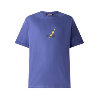 Roberto Cavalli Homme, Tops, Bleu, Taille: XL T-shirt avec impression déclair et logo