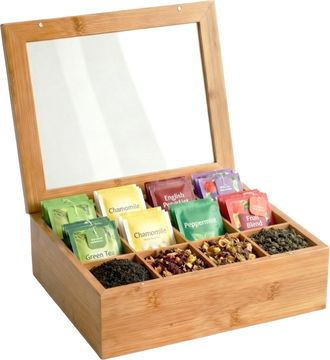 Clp Teebox f&uuml;r Teebeutel Holz Laprino, Teeaufbewahrung aus Bambus, Teekiste mit 12 F&auml;chern, Deckel mit Sichtfenster und Magnetverschluss, Farbe:Natur