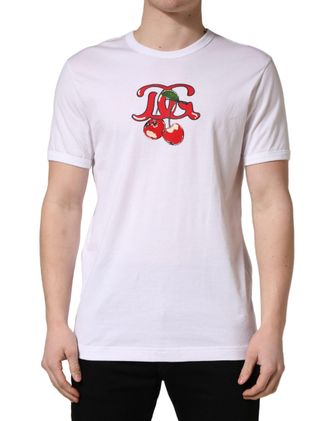 Dolce & Gabbana Mens White Dg Cherries Cotton Crew Neck T-Shirt