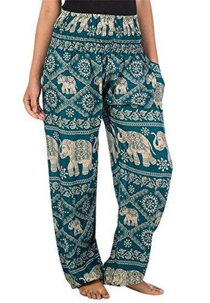 Lofbaz Pantalon Sarouel Femmes Taille Smockée éléphant Vert Sarcelle 3XL