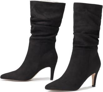 Generic Bottes De Cowboy Mi-Mollet pour Femme, Bout Pointu Et Talon Aiguille, À Enfiler, Finition Daim Et Semelle Antidérapante, Style Cowboy Élégant Et Décon