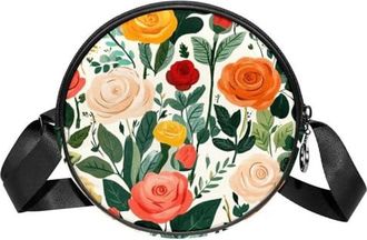 Generic Sac &agrave; bandouli&egrave;re circulaire pour femme, motif feuilles vertes roses, petit sac &agrave; bandouli&egrave;re avec fermeture &eacute;clair, bretelles r&eacute;glables, sac &agrave; main r