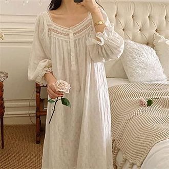 Generic Chemises de Nuit en Coton pour Femmes, Printemps-Automne, Manches Longues, Robe de Nuit Longue, v&ecirc;tements de Nuit Princesse Romantique, v&ecirc;tements de M