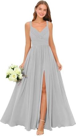 Generic Robe de demoiselle dhonneur en mousseline de soie avec col en V et bretelles spaghetti, longue robe de soirée froncée avec fente, Argenté., 50 Grande 