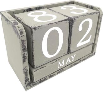 Boltze Dauerkalender Würfel Ganja aus Holz im Used Look, Farbe grau Vintage