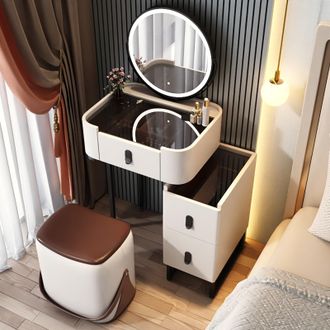 Generic Schminkstuhl, großes Frisiertisch-Set mit rundem Spiegel und LED-Leuchten, gepolstertem Hocker und Seitenschrank - stilvolle Schlafzimmermöbel für Fra