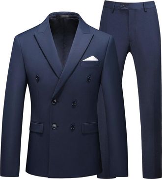 AlltheMen Zweiteiliger, zweireihiger, einfarbiger, marineblauer Anzug