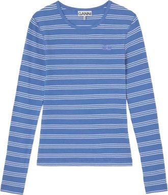Ganni Femme, Tops, Bleu, Taille: 38 FR Soft Cotton Stripe Rib Longsleeve Top