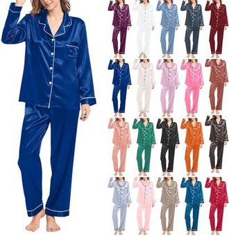 Generic Sleep Wear Pyjama 2 pièces en satin de soie à manches longues pour femme Coupe classique avec boutons, bordeaux, M